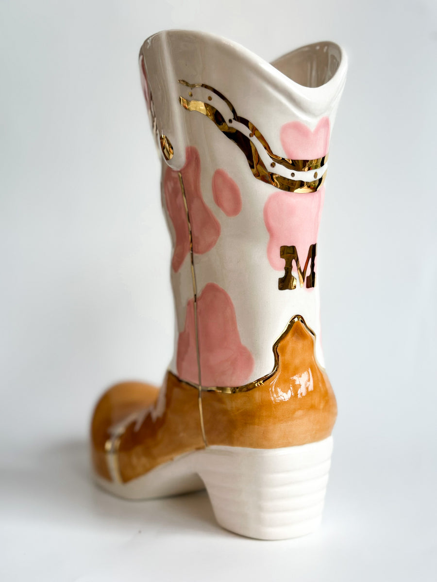 Monogrammed Two Tone Cow Print Cowboy Boot Vase – Ruby Clay Company