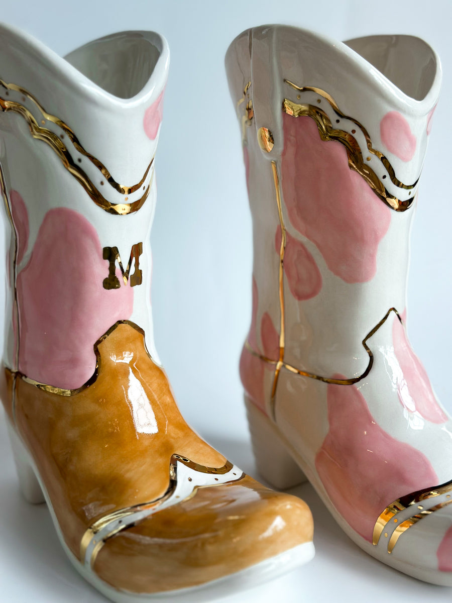 Monogrammed Two Tone Cow Print Cowboy Boot Vase – Ruby Clay Company