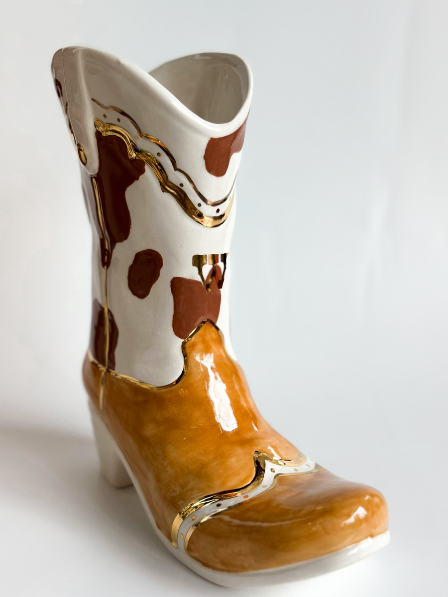 Monogrammed Two Tone Cow Print Cowboy Boot Vase – Ruby Clay Company